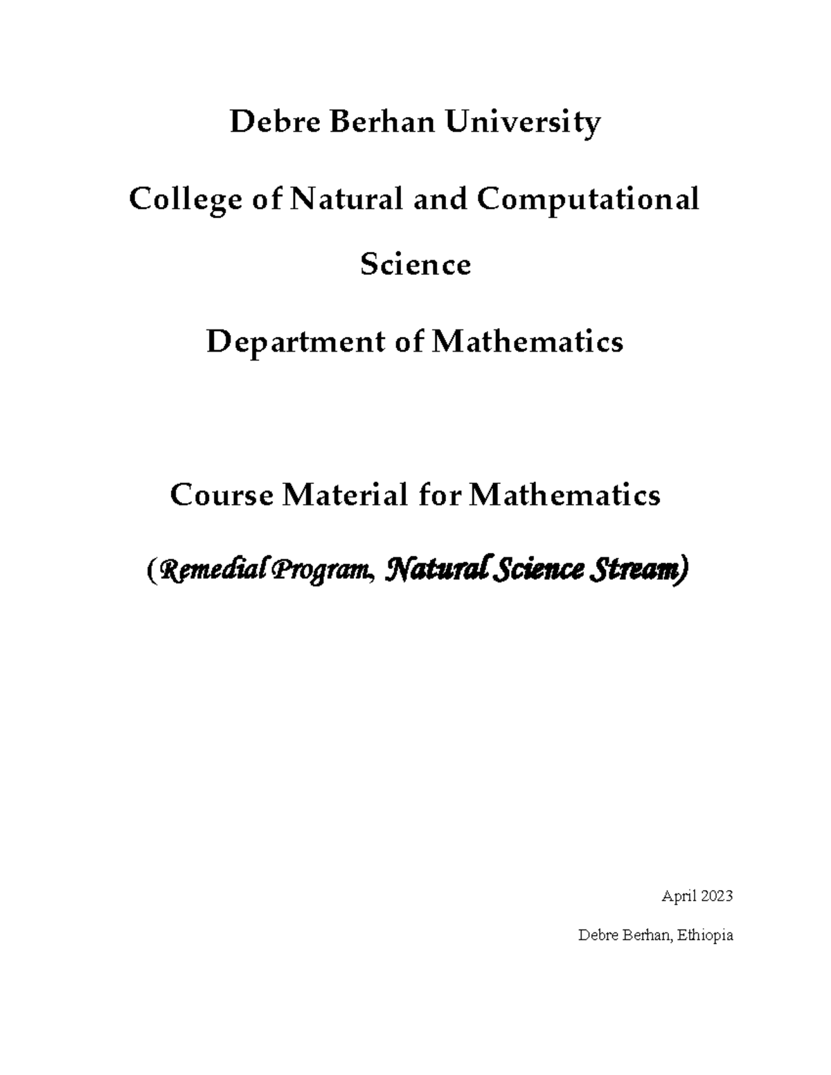 **Remedial Mathematics Course Material for Natural Science Stream (2023 ...