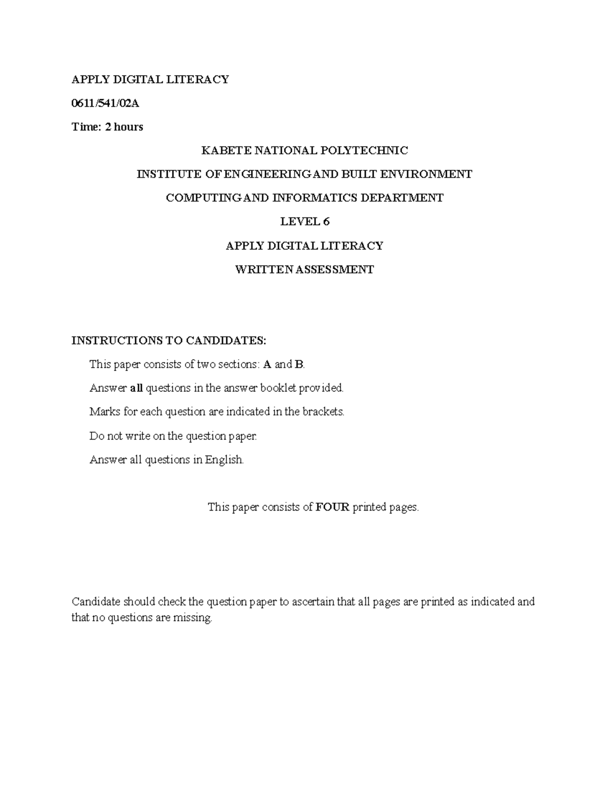 APPLY DIGITAL LITERACY ASSESSMENT - KABETE POLYTECHNIC - Studocu
