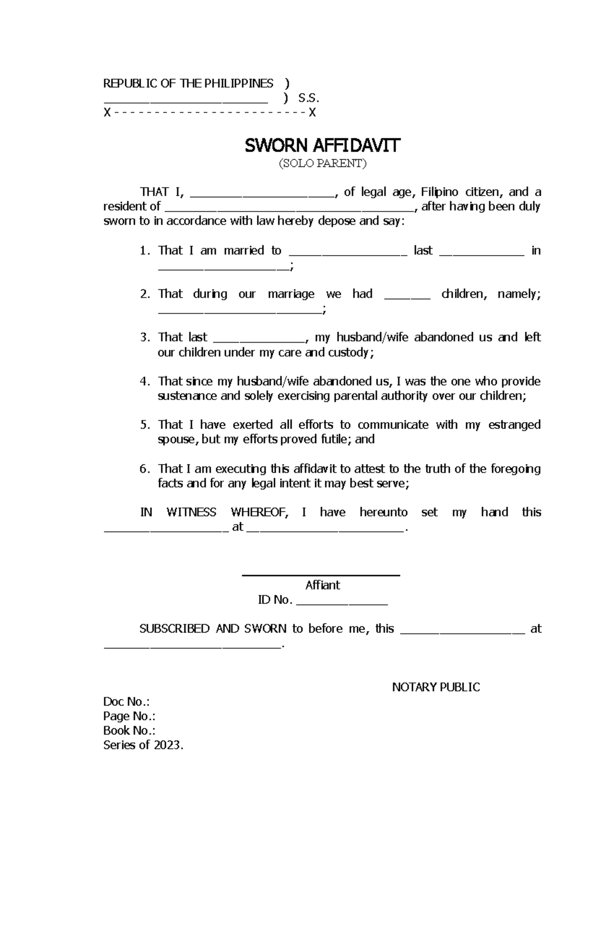 Affidavit Template for Solo Parents - Exemption No. VII-BEP - Studocu