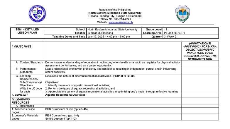 Detailed Lesson Plan for PE 4 Q3 - Aquatic Recreational Activities ...