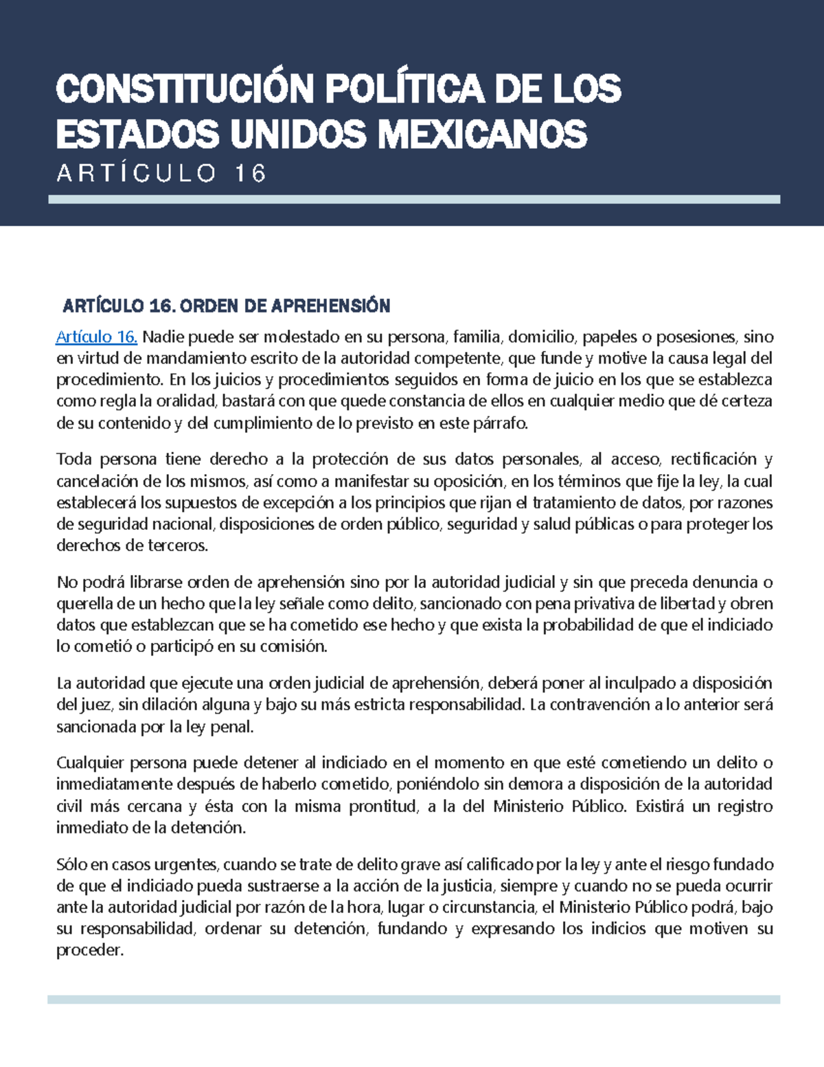Artículo 16: Orden de Aprehensión en la Constitución Mexicana - Studocu