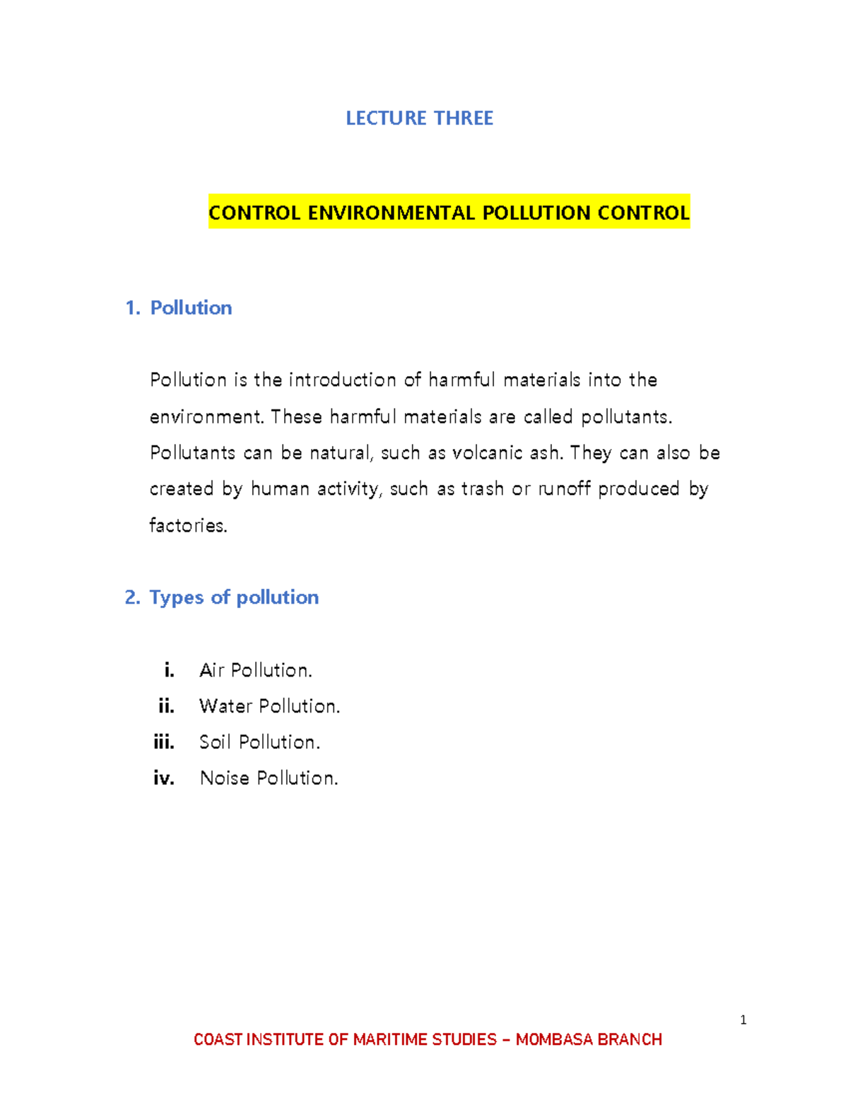 LECTURE 3: CONTROL OF ENVIRONMENTAL POLLUTION - Studocu
