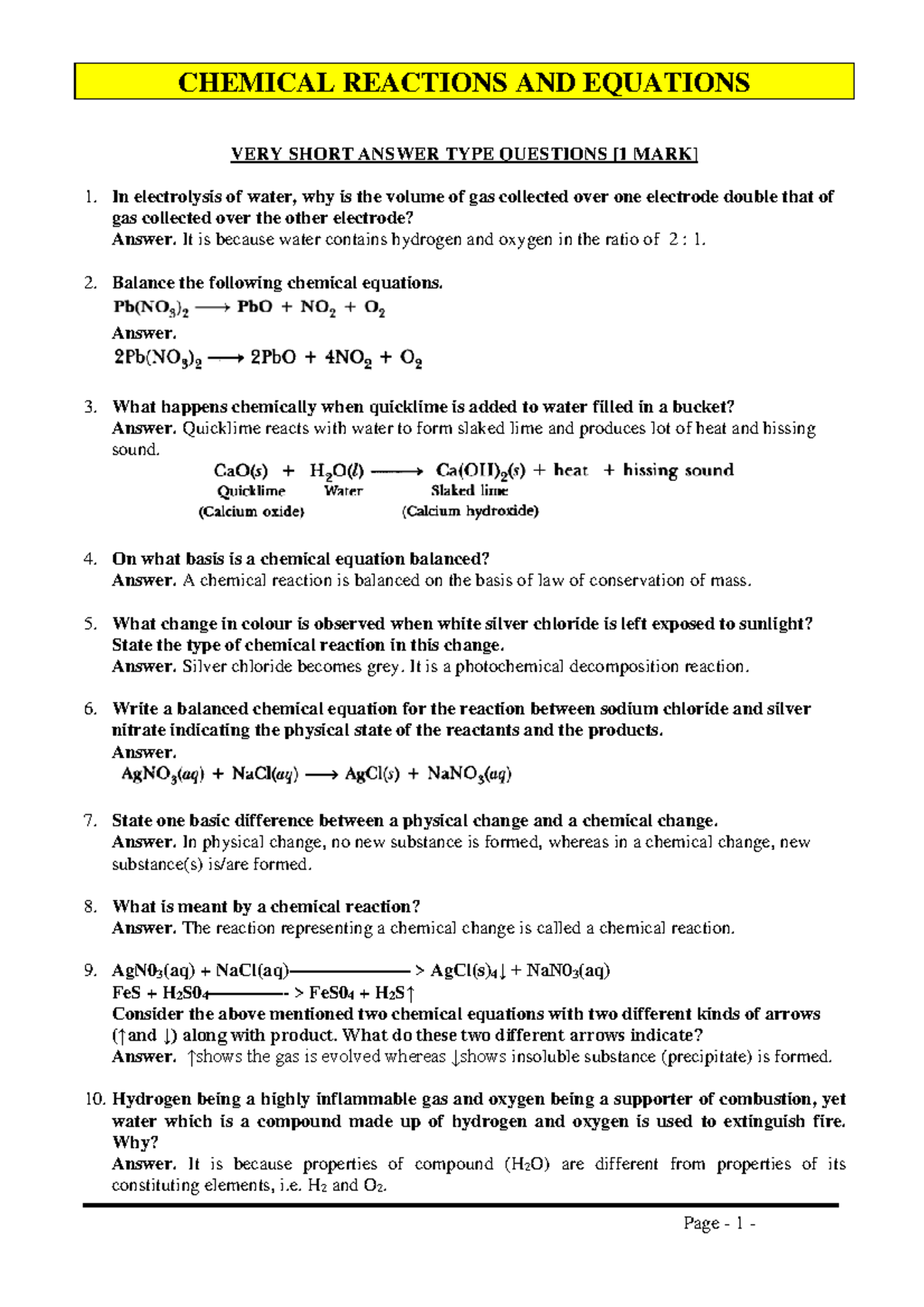 CHEM 101: Chemical Reactions & Equations - Short Answer Q&A - Studocu