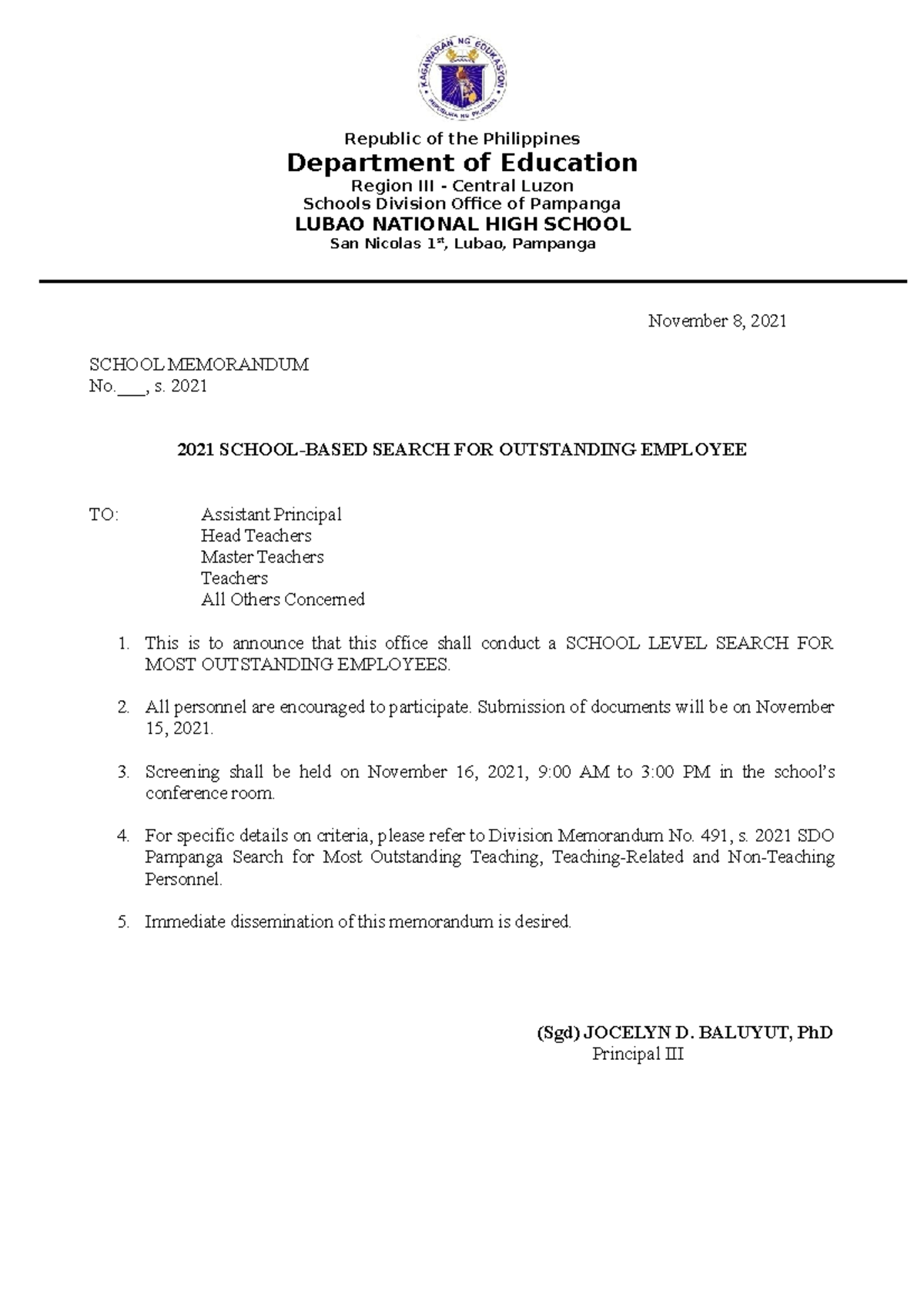 2021 School Memo: Search for Most Outstanding Teacher - Pampanga - Studocu