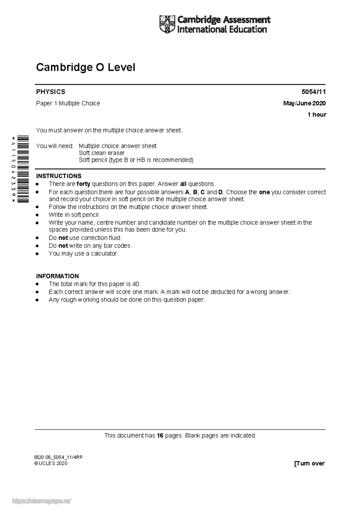 Cambridge O Level PHYSICS 5054/11 Paper 1 MCQ 2020 Exam Guide - Studocu
