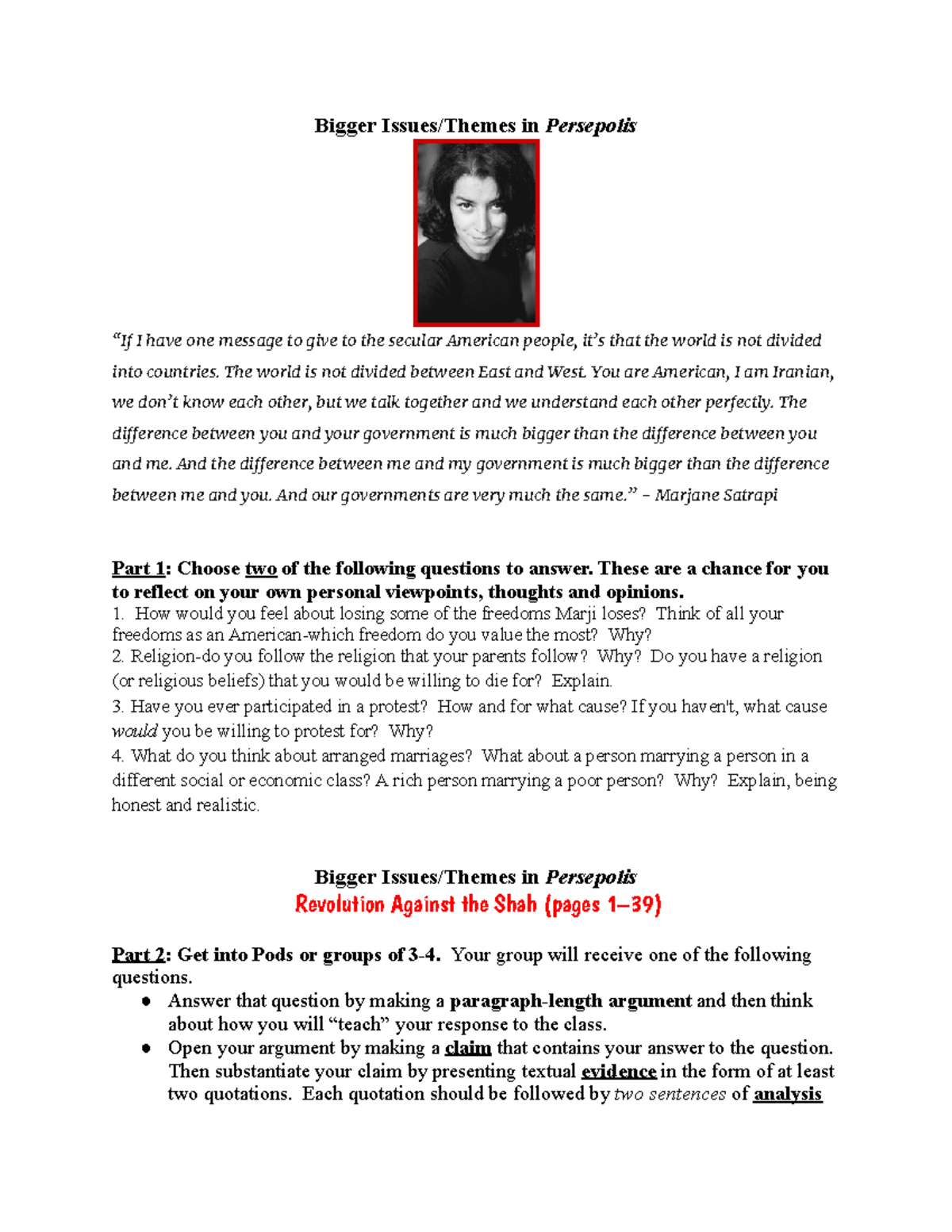 2023 Journal and Discussion Questions for Persepolis pgs 1-39 - Bigger ...