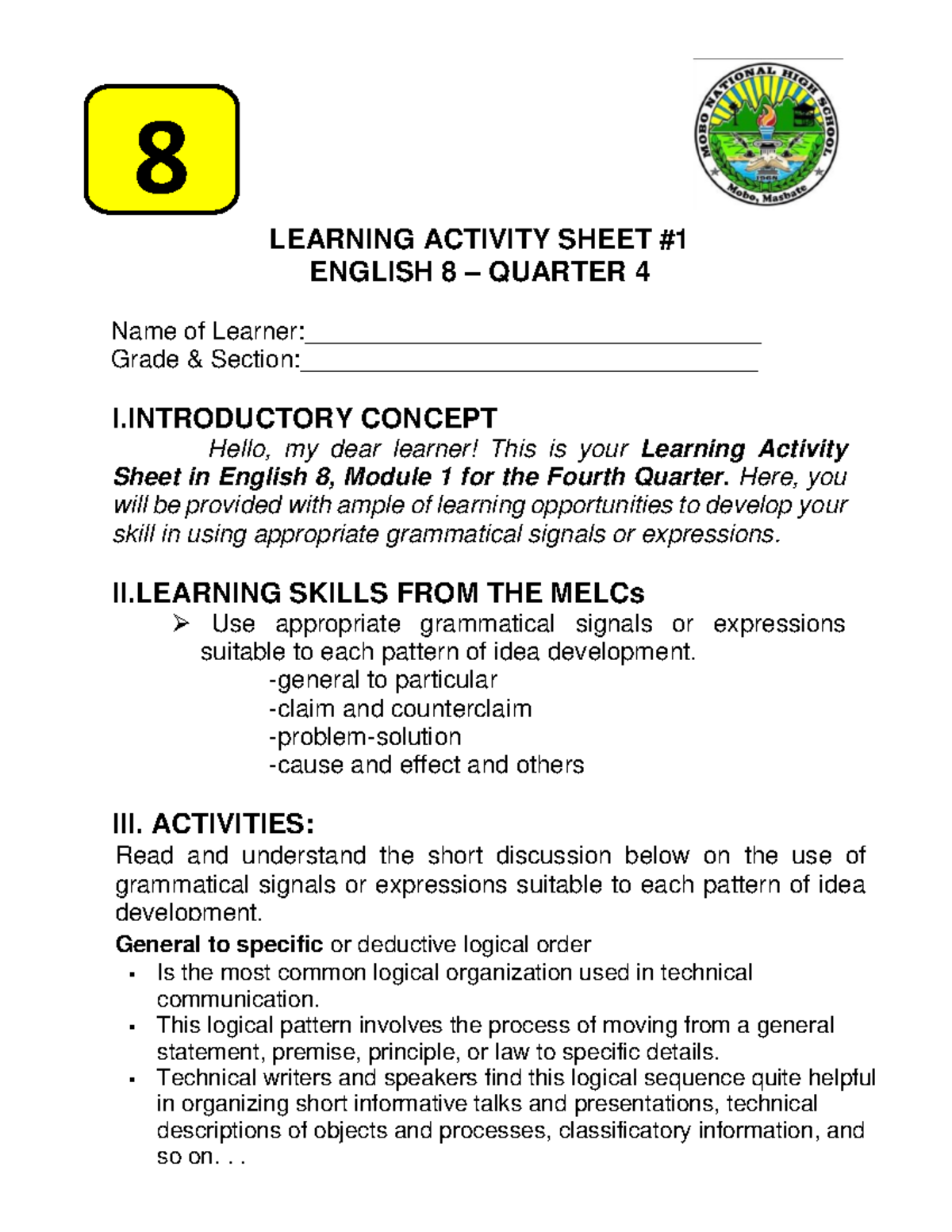 LAS G8Q4 week1 - Learning Activity Sheet - 1 8 LEARNING ACTIVITY SHEET ...