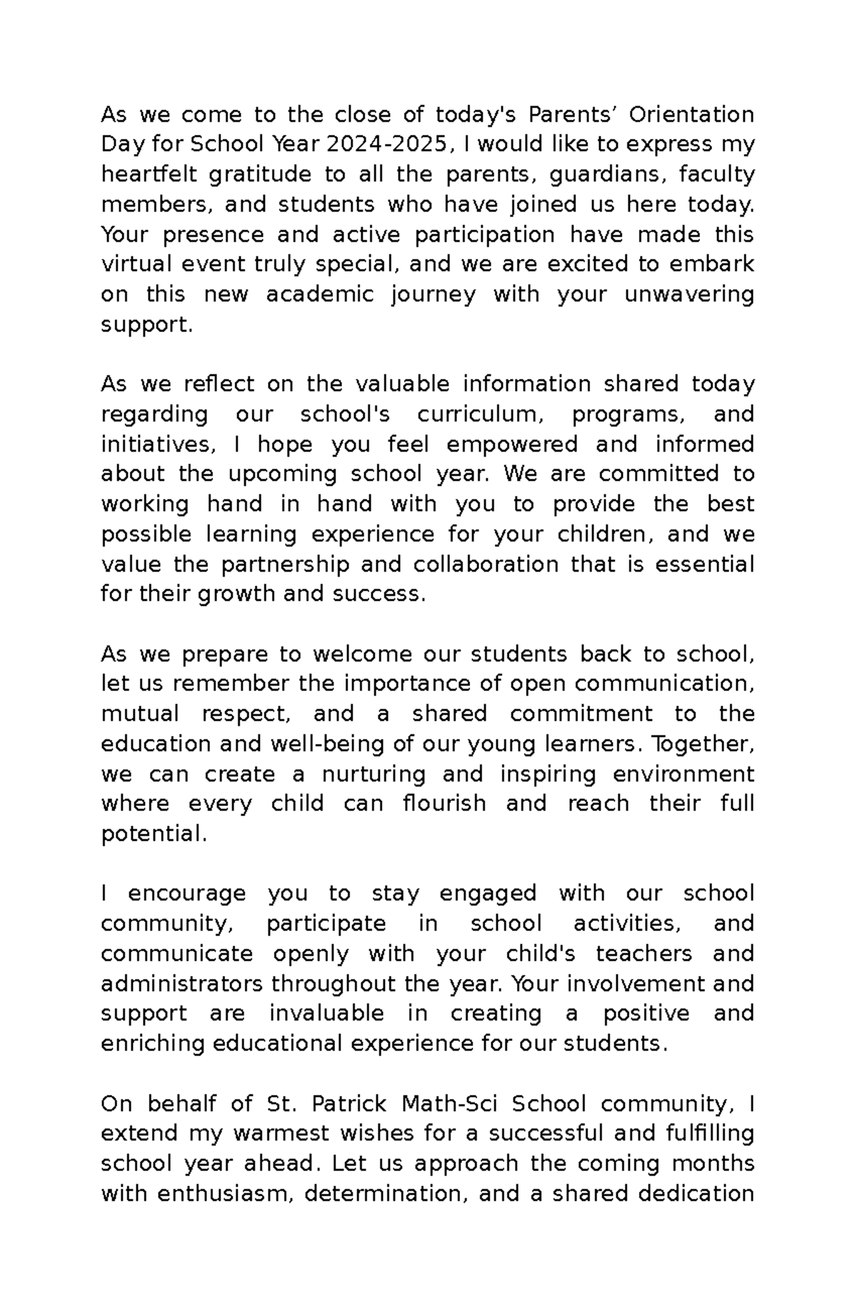 Parents’ Orientation Closing Remarks for SY 2024-2025 - Studocu