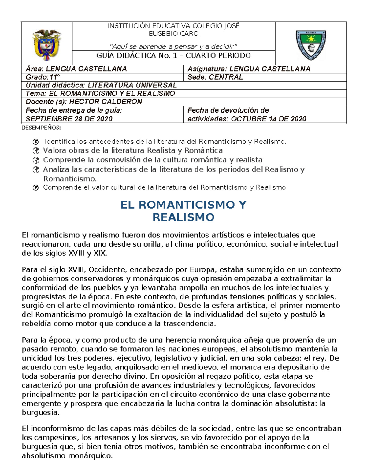 Guía Didáctica No. 1: Romanticismo y Realismo en Lengua Castellana (4to ...