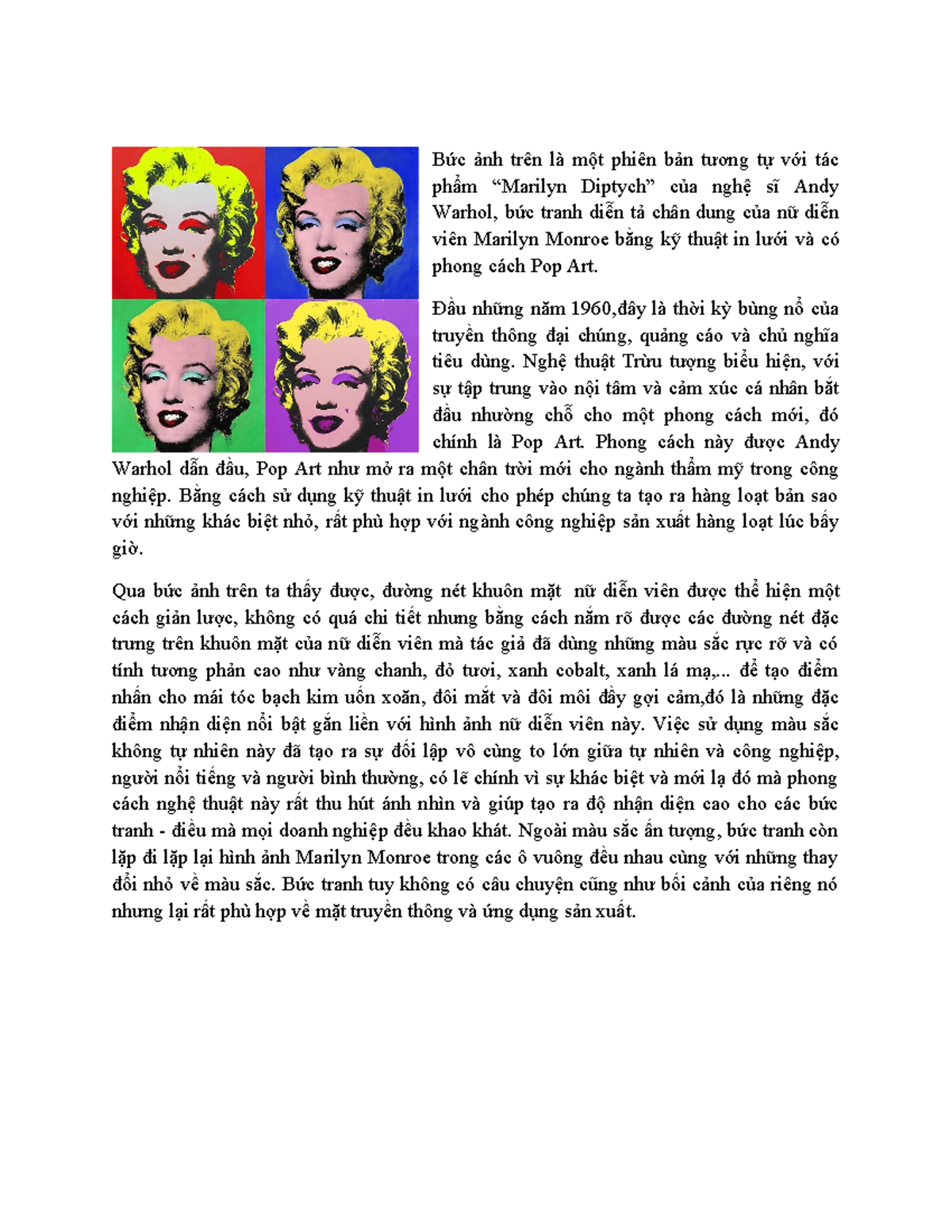 Pop Art: Phiên bản tương tự "Marilyn Diptych" của Andy Warhol - Studocu