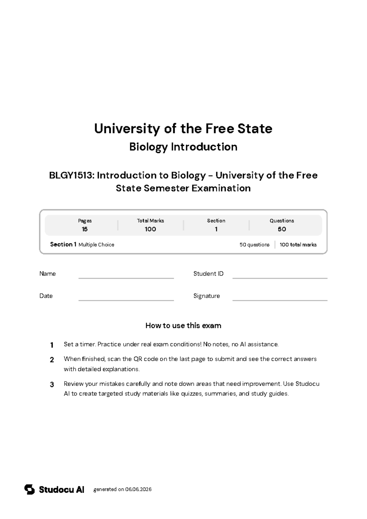 BLGY1513: Introduction to Biology Final Exam - Studocu