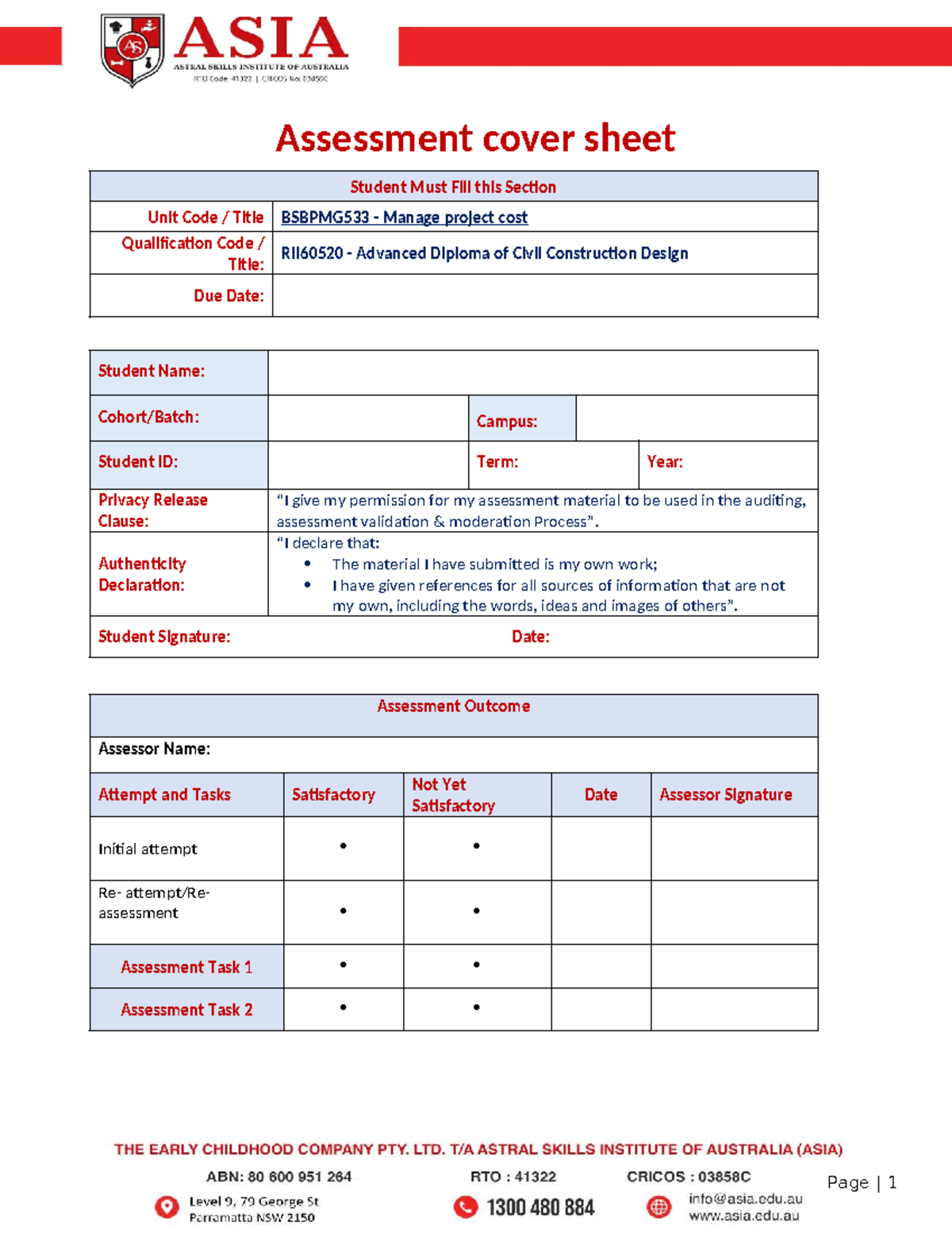 BSBPMG533 Manage Project Cost Assessment Task 1 Guide - Studocu