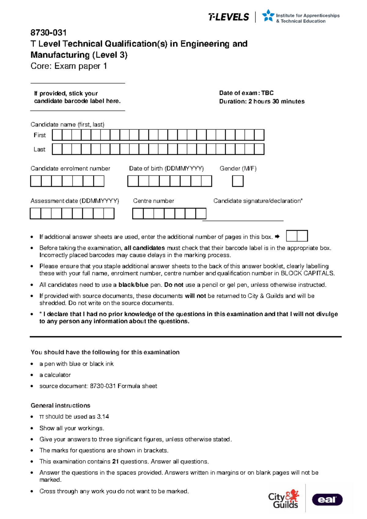 T Level Engineering & Manufacturing (Level 3) Core: Exam Paper 1 - Studocu