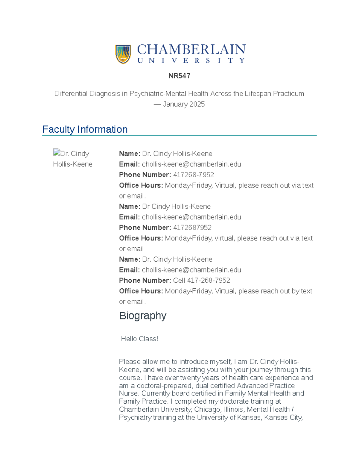 NR547 Differential Diagnosis Practicum Syllabus - Jan 2025 - Studocu