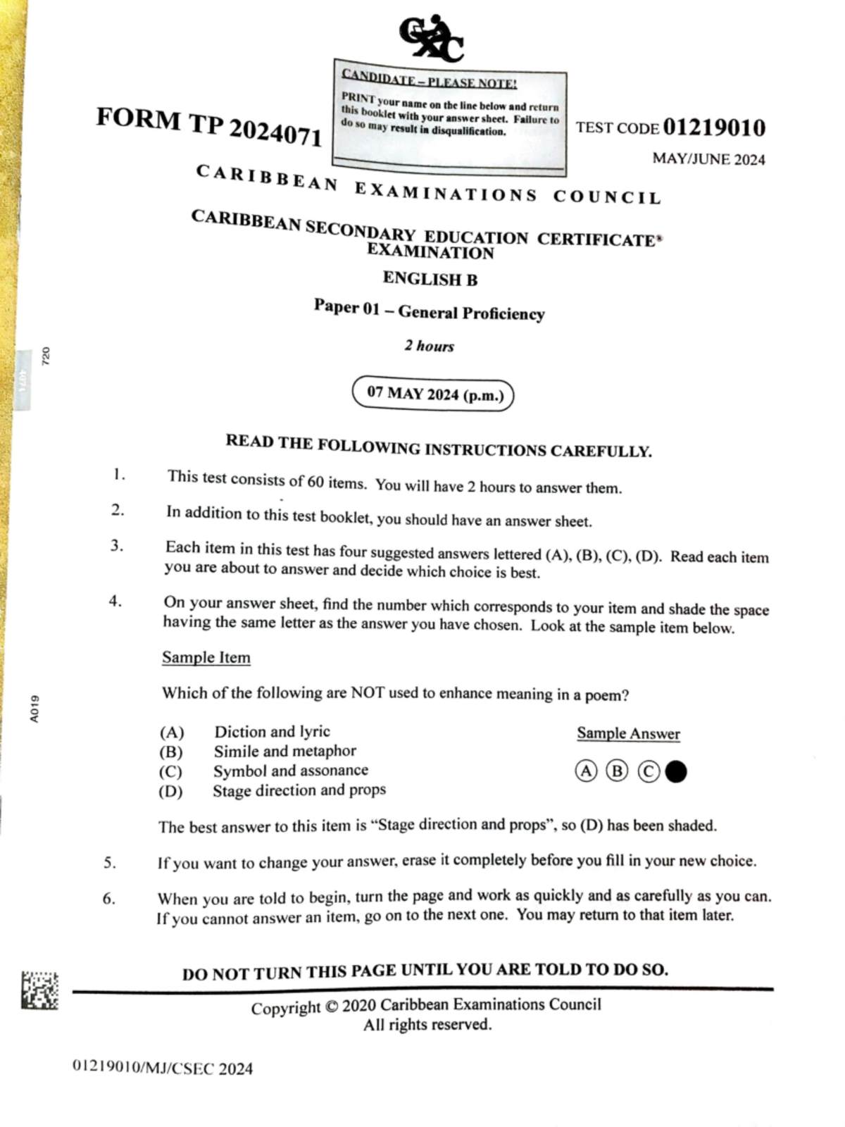 CSEC English B Paper 01 2024: Exam Instructions and Sample Items - Studocu