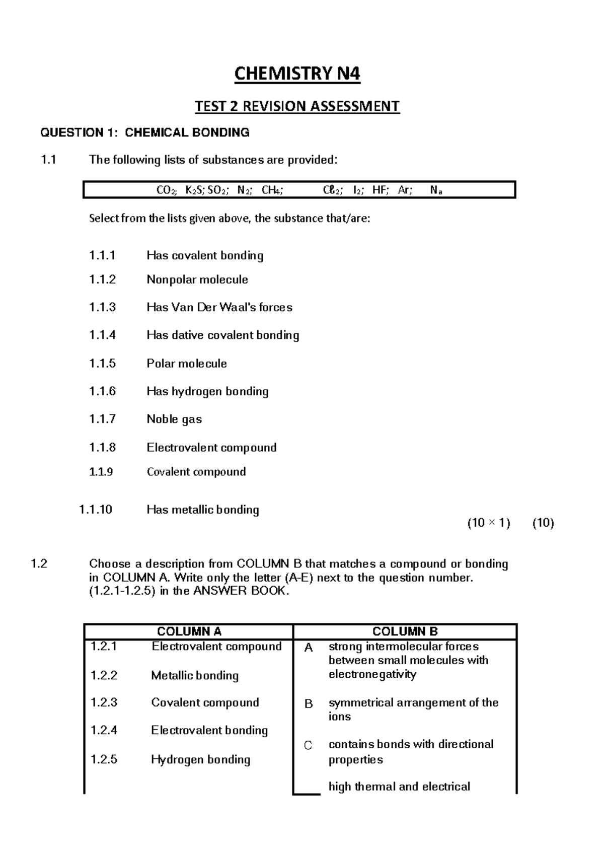 CHEMISTRY N4 TEST 2 REVISION: CHEMICAL BONDING & GEOMETRY - Studocu