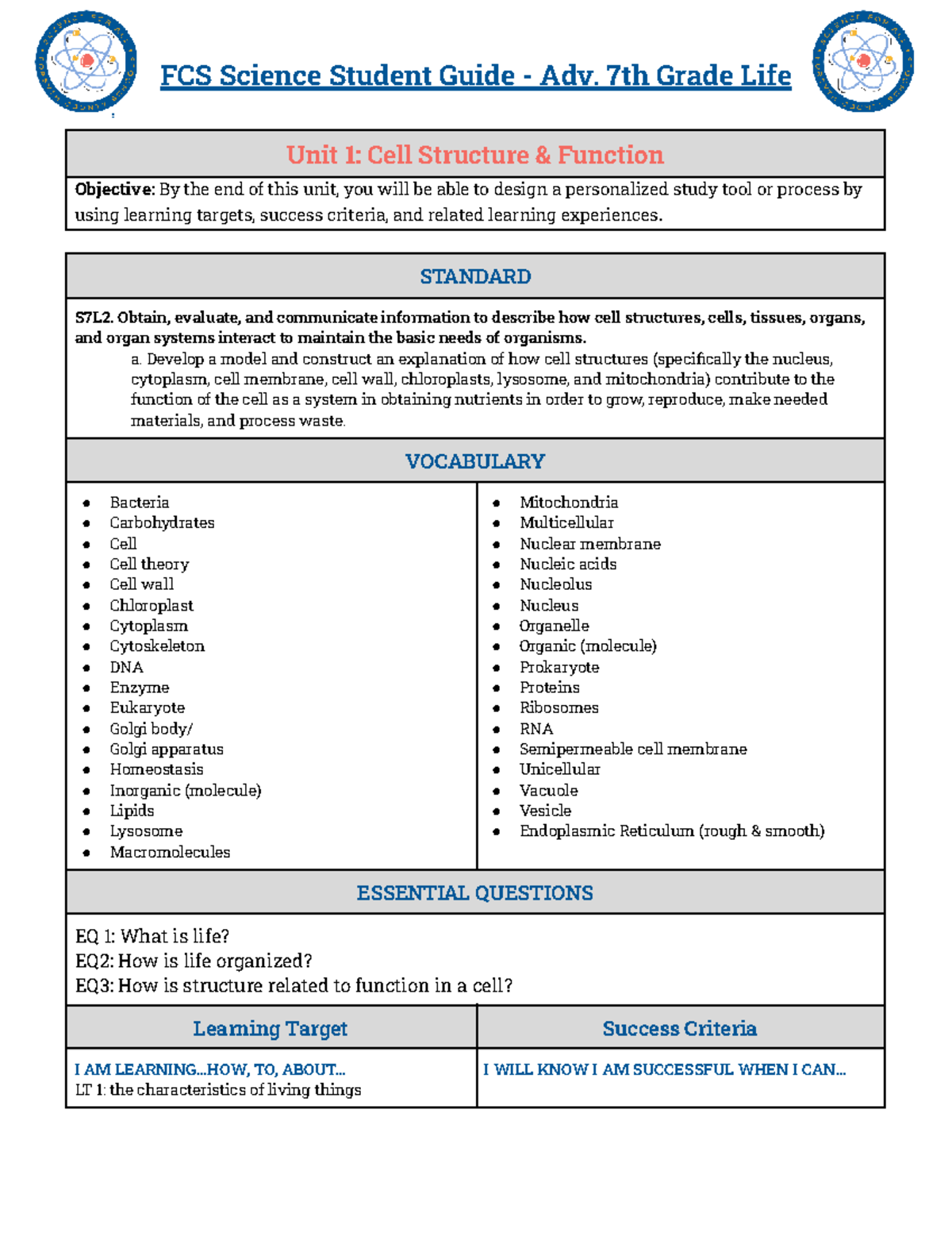 Adv. 7th Grade Life Science: Study Guide on Cell Structure & Function ...