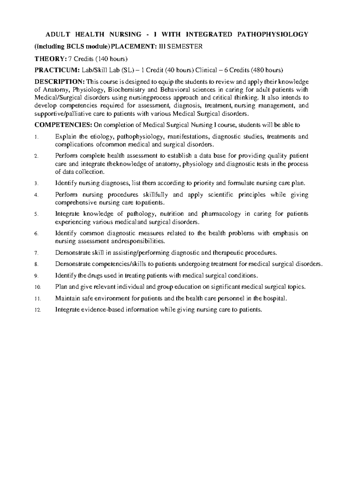 Adult Health Nursing I - Integrated Pathophysiology Syllabus (AHN ...
