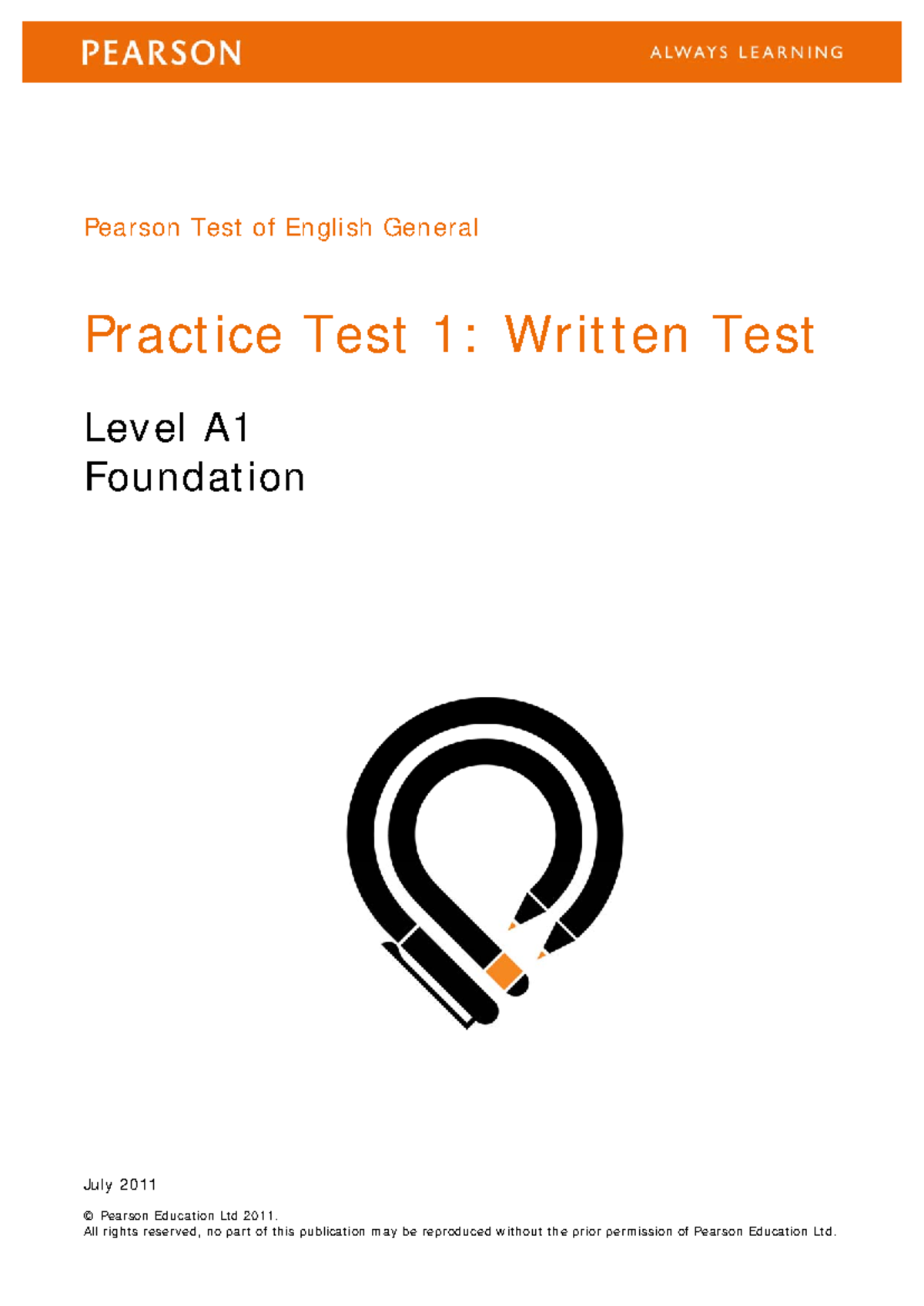 Pearson PTE General Practice Test 1: Written Level A1 - Studocu