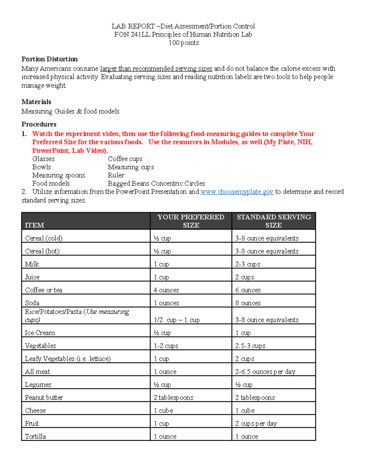 Dietary Assessment Lab Report: Portion Control in FON 241LL - Studocu