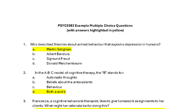 PSYC3082 Example MC Questions with Answers for Exam Prep - Studocu