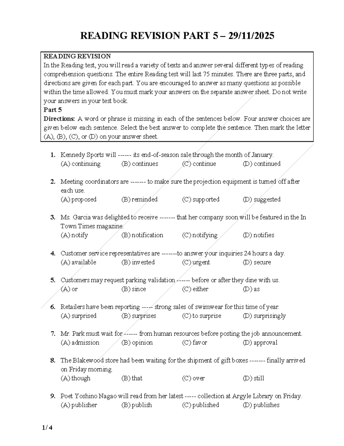 Reading Revision Part 5: Comprehension Questions Guide - Studocu