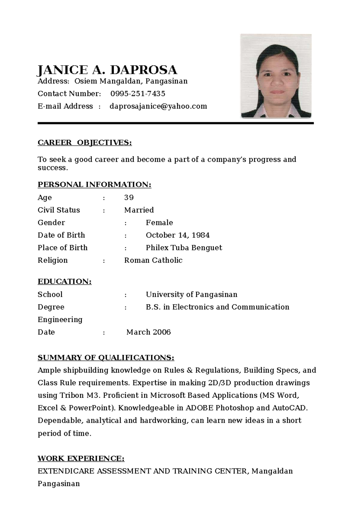 Updated Resume of Janice A. Daprosa (CSS NC II, Cookery NC II) - Studocu