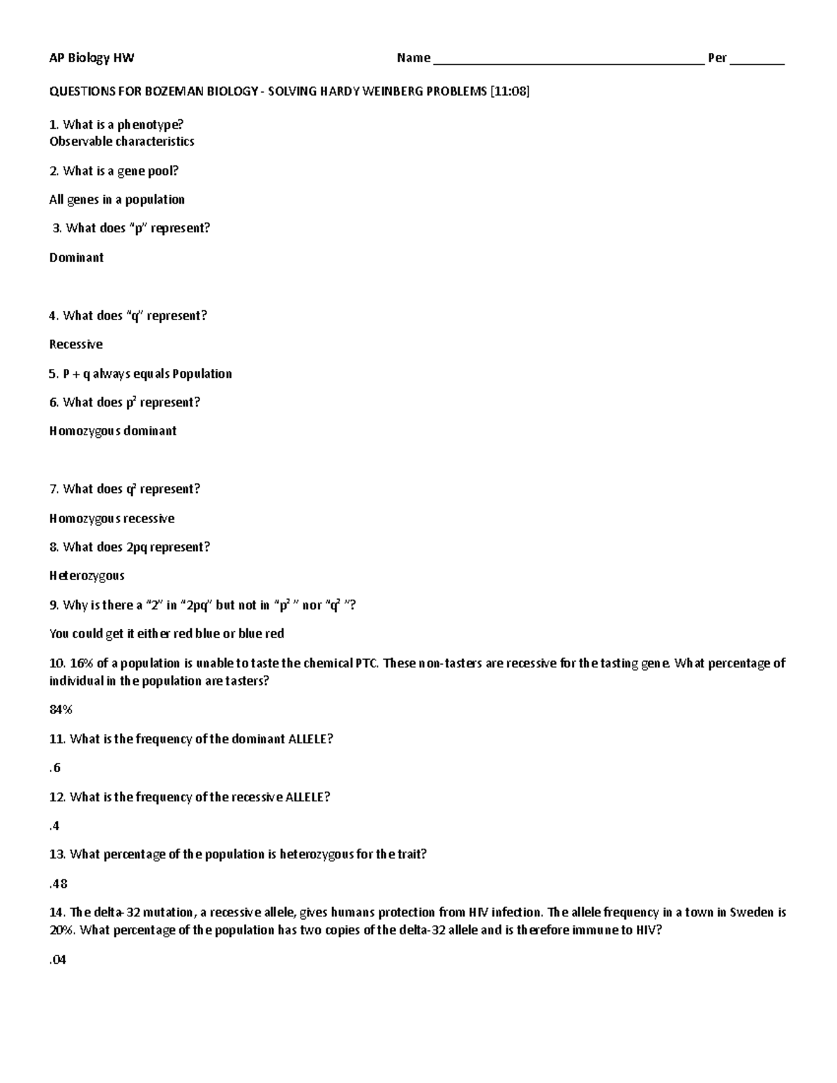 AP Biology Unit 7.5: Solving Hardy-Weinberg Problems Notes - Studocu