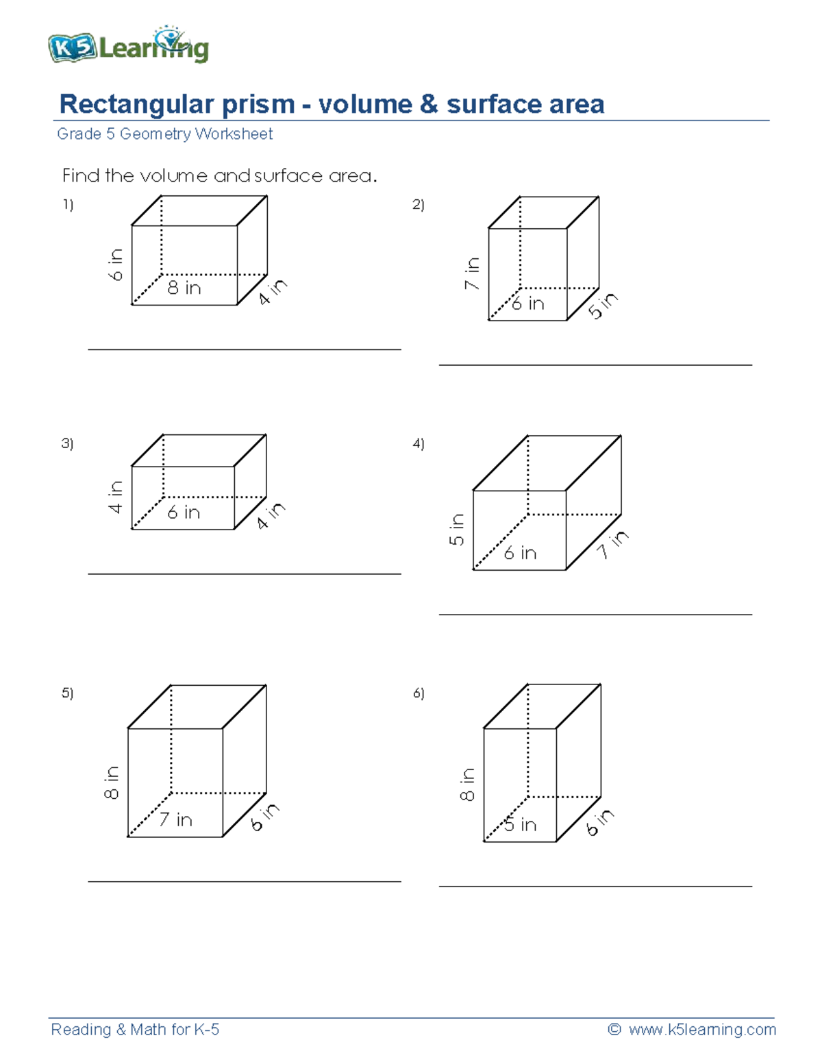 Grade 5 Geometry: Rectangular Prism Volume & Surface Area Worksheet ...