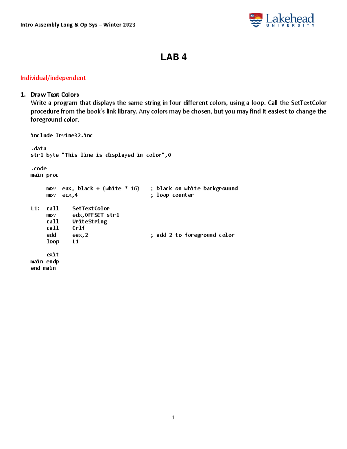 Lab 4 - Solution: Displaying Text Colors in Assembly Language - Studocu