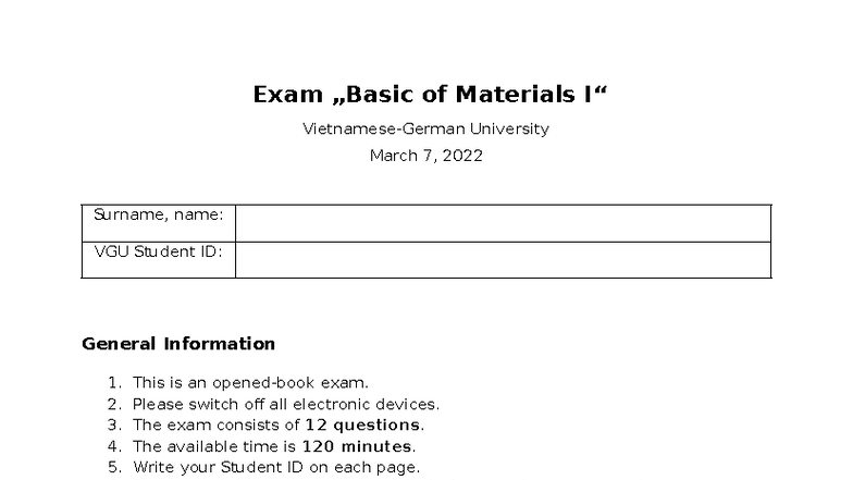 VGU Exam: Basics of Materials - March 7, 2022 - Studocu