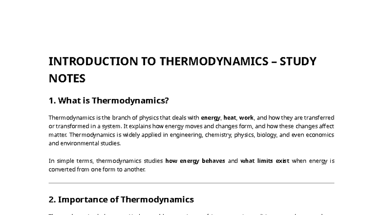 Introduction to Thermodynamics (ENG 101) - Study Notes - Studocu