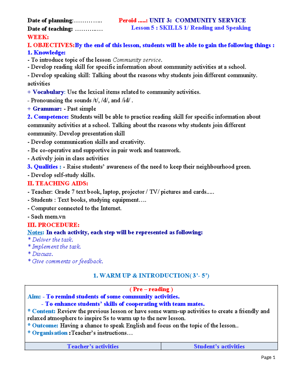 Unit 3: Community Service - Lesson 5: Skills in Reading & Speaking ...