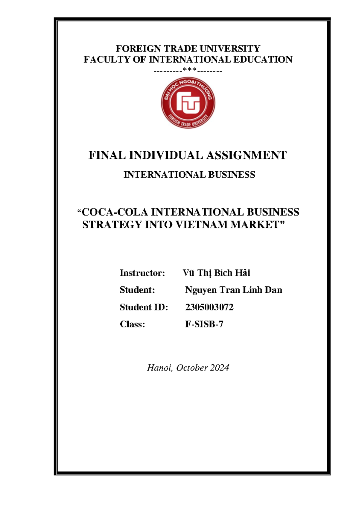 BIA KHOA LUN TT Nghip FTU: Coca-Cola's Strategy in Vietnam Market - Studocu