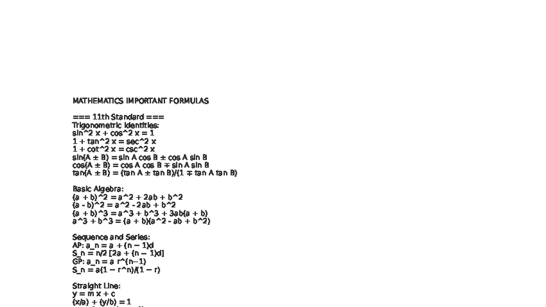 MATHEMATICS I IMPORTANT FORMULAS FOR 11TH STANDARD - Studocu