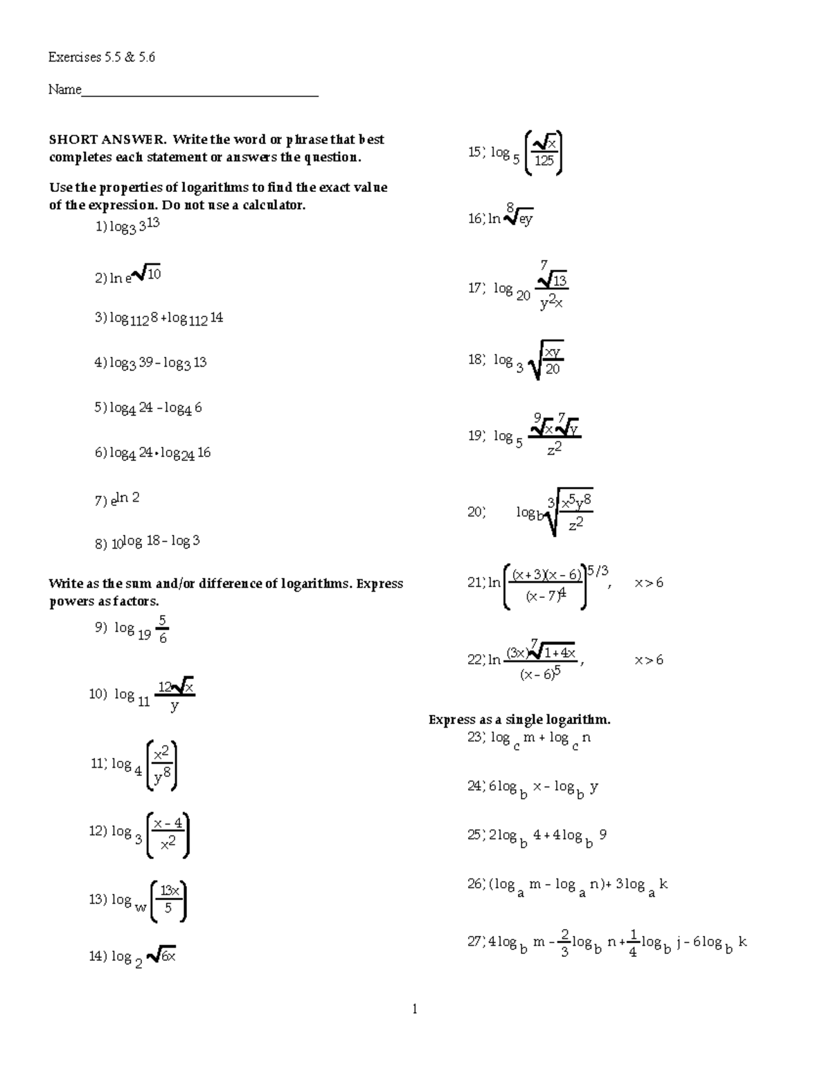 Logarithm Exercises and Solutions (5.5 & 5.6) - Short Answer - Studocu