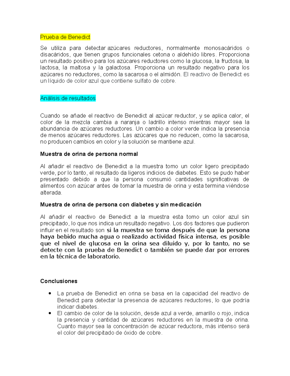 Prueba de Benedict: Detección de Azúcares Reductores en Orina - Studocu