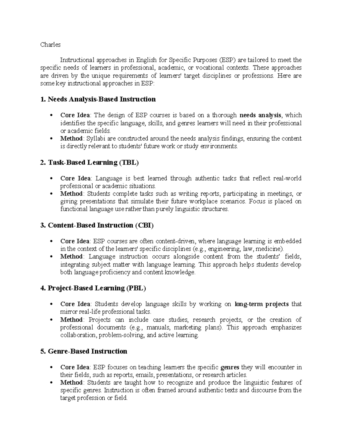 ESP Instructional Approaches and Assessment Strategies - Studocu