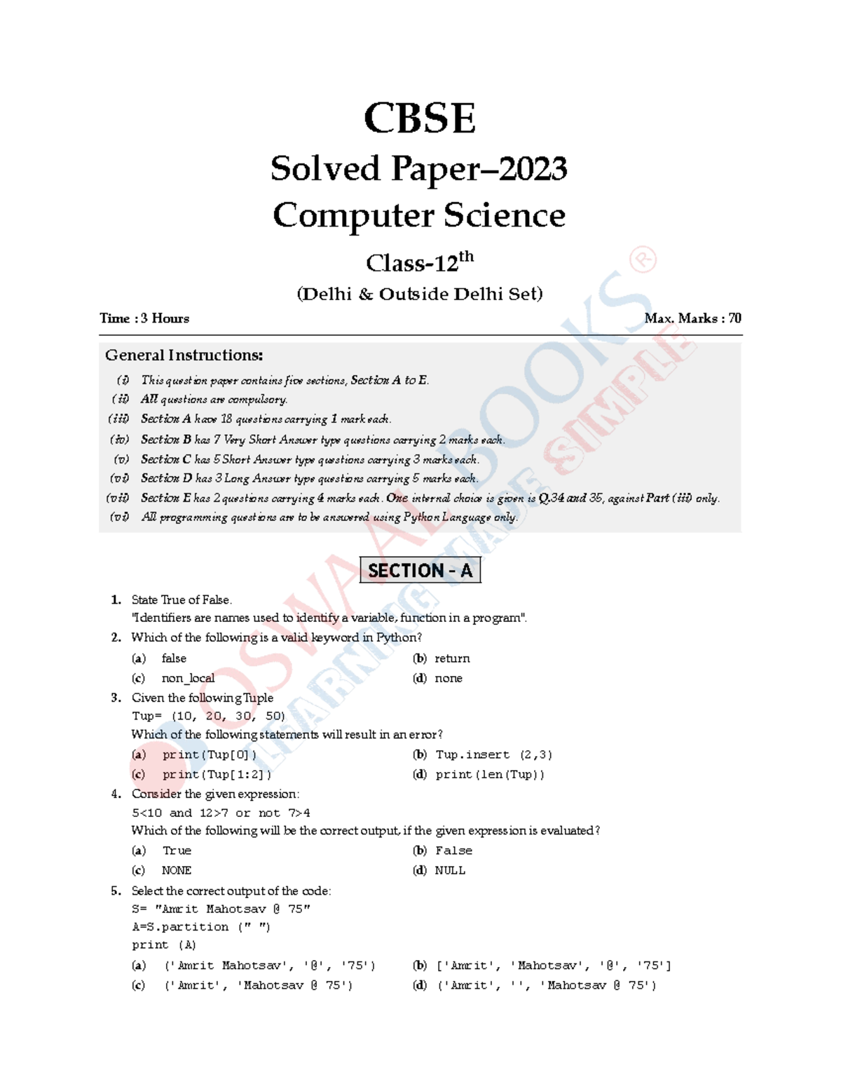 CBSE Solved Computer Science Exam Paper (Delhi Outside Delhi Set) - Studocu