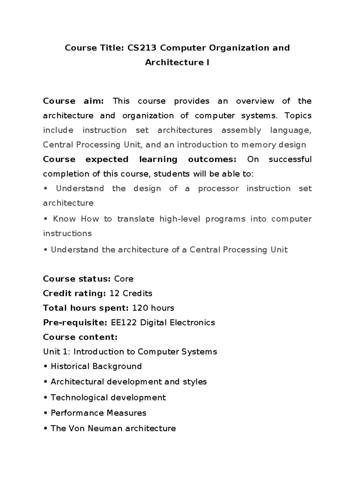 Course Contents Overview - CS213 Computer Organization & Architecture I ...