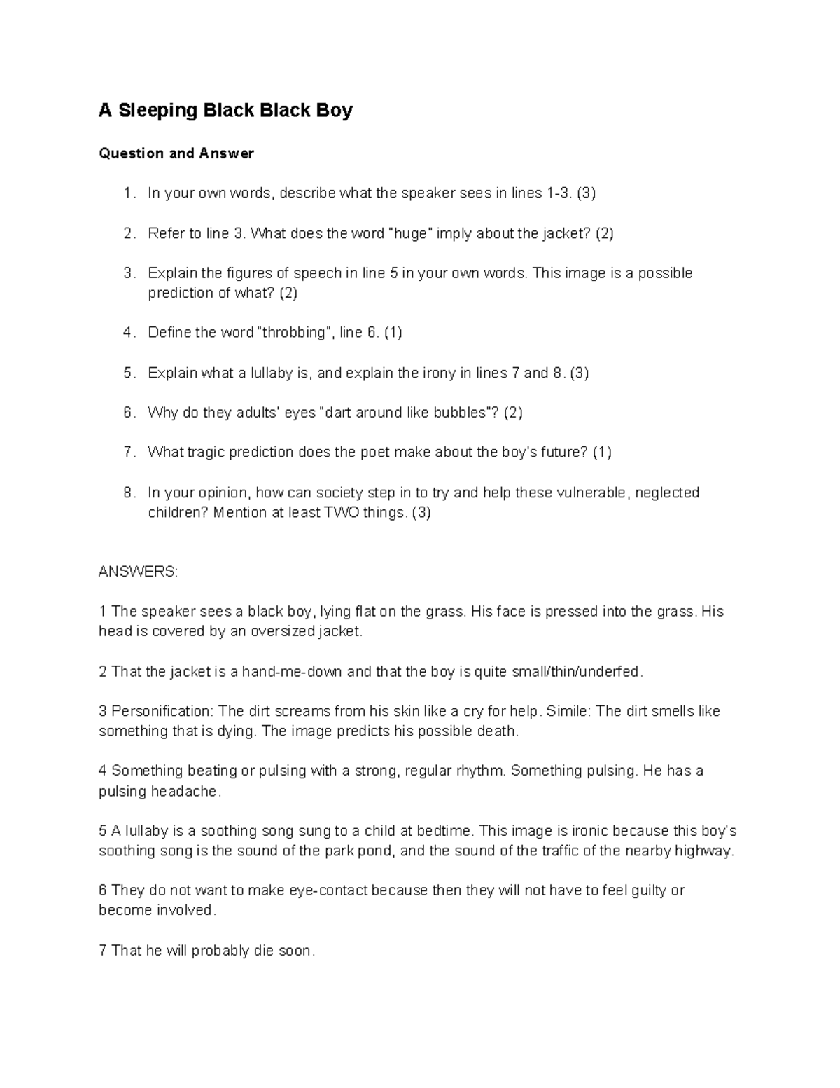 A Sleeping Black Boy: Q&A Analysis and Insights - Studocu