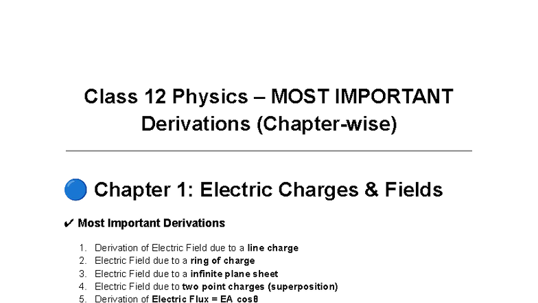 Class 12 Physics: Most Important Derivations Overview - Studocu