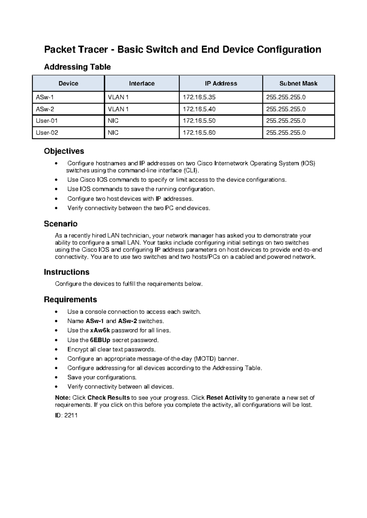 2.9.1 Packet Tracer - Basic Switch and End Device Configuration - Packet Tracer - Basic Switch ...