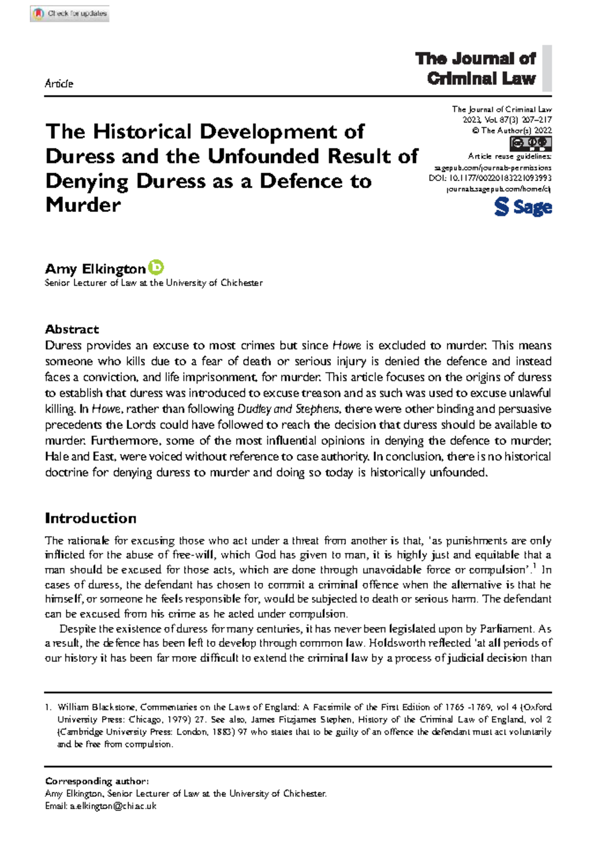 The Historical Development of Duress: Analyzing Its Denial as a Defence ...