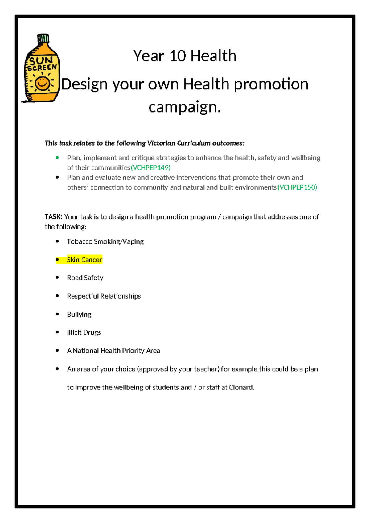 2024 Year 10 Health Promotion Campaign Design Assessment - Studocu