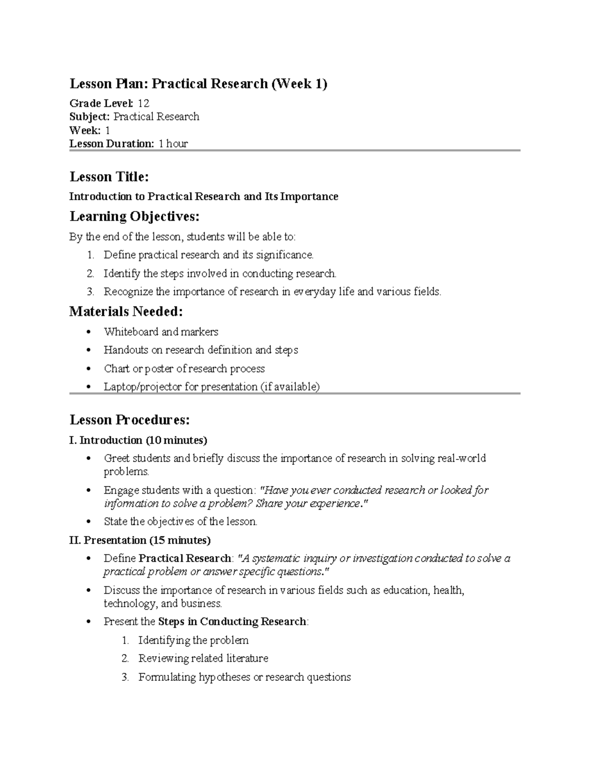 Lesson Plan: Intro to Practical Research (Grade 12, Week 1) - Studocu