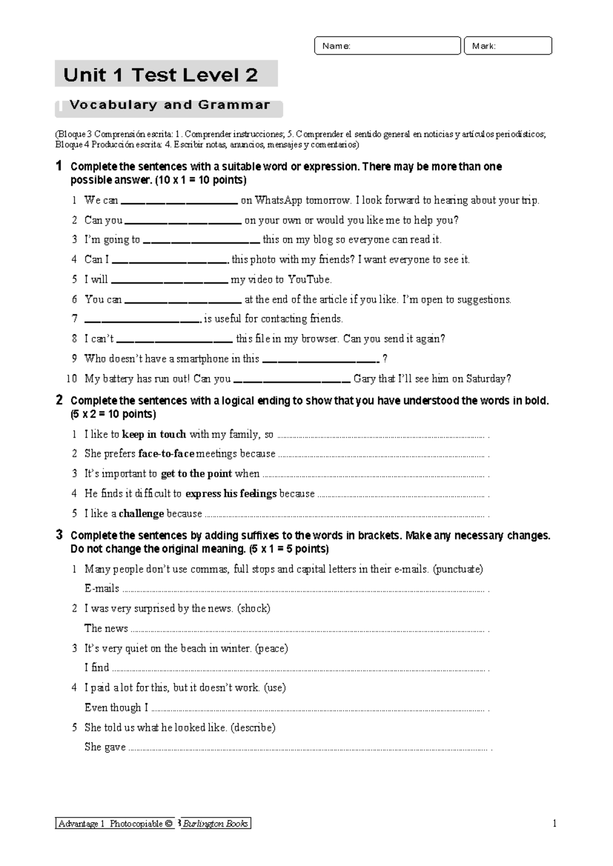 Unit 1 Test Level 2: Vocabulary & Grammar Practice (Advantage 1) - Studocu