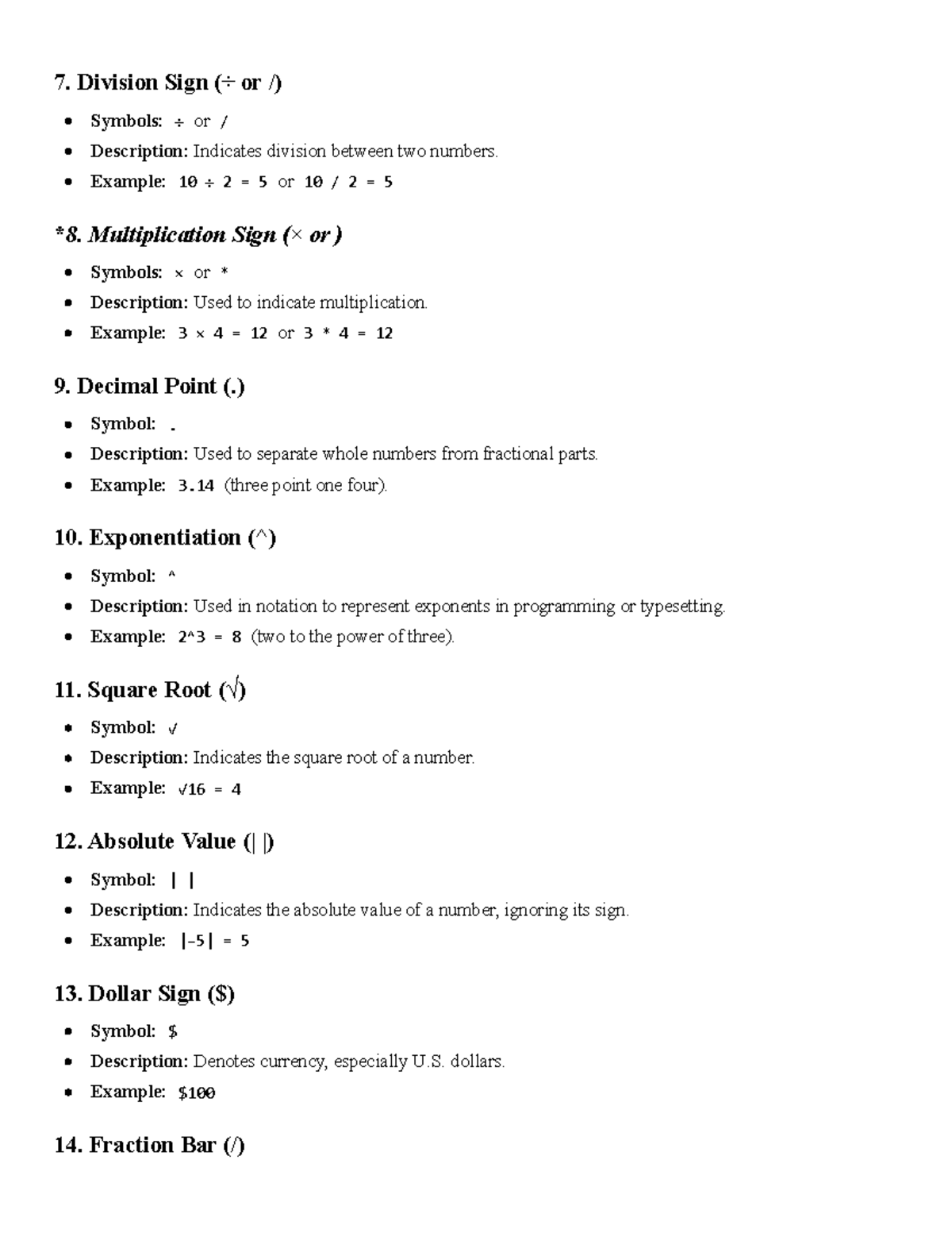 Oo - eng - 7. Division Sign (÷ or /) Symbols: ÷ or / Description ...