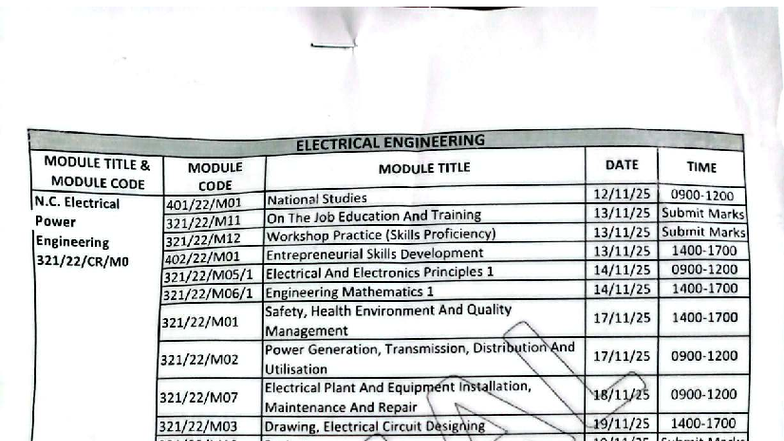 N.C. Electrical Engineering Final Modules Timetable - November 2025 - Studocu