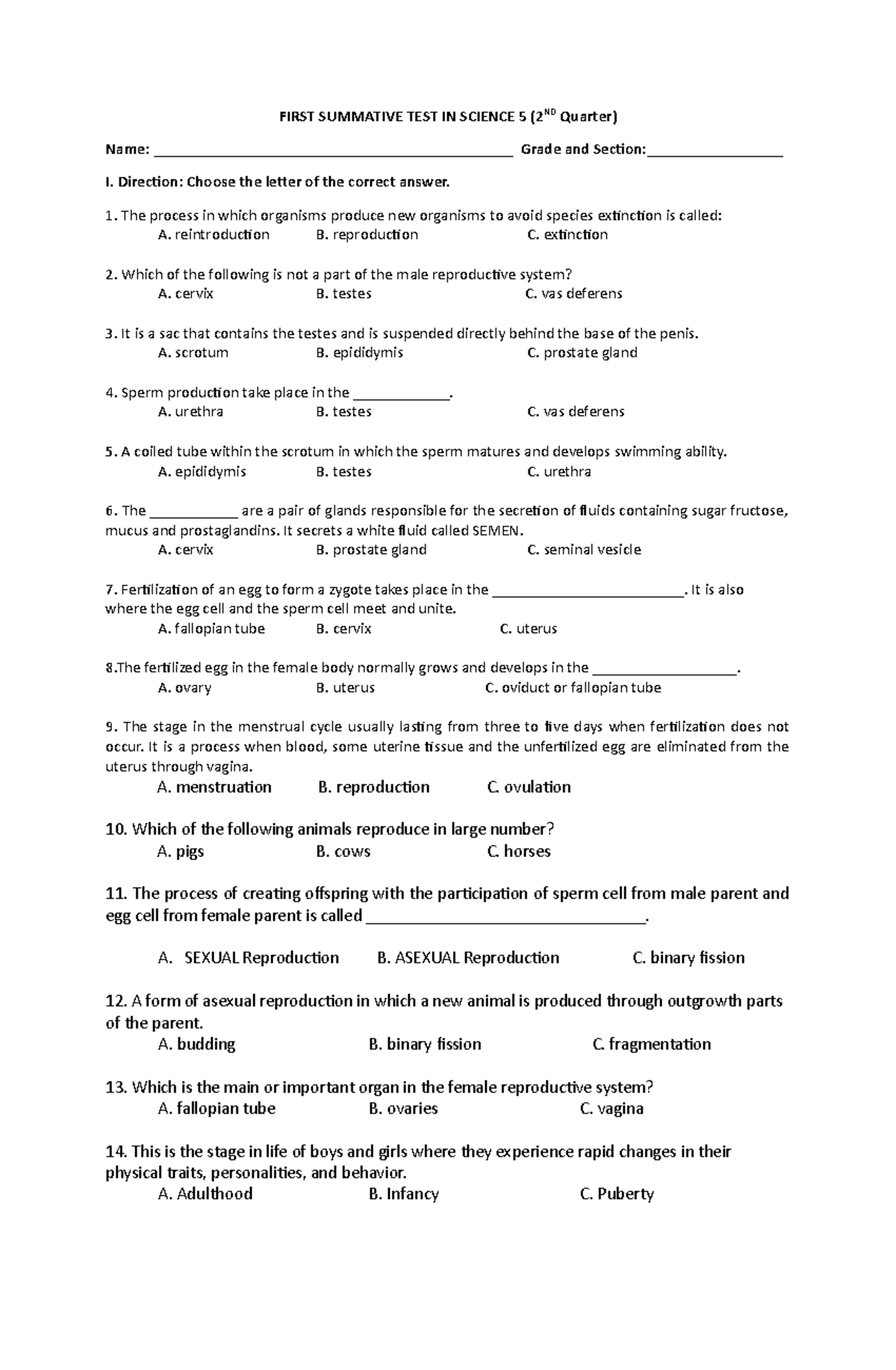 1st Summative Test in Science 5 (Quarter 2)with answer key - FIRST ...